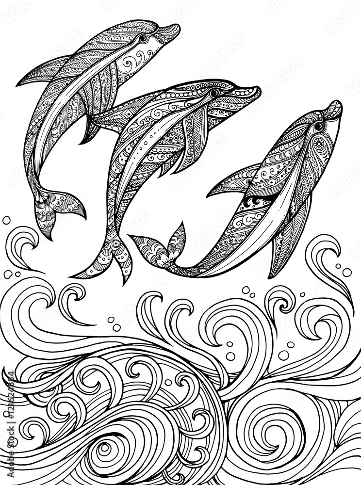 Vector zentangle dolphins in scrolling sea wave for adult colori Stock ...