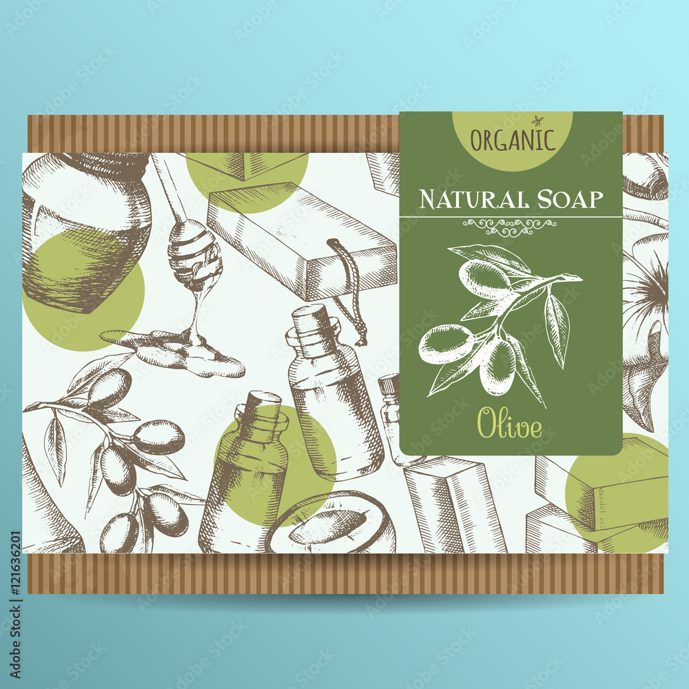 Packaging of natural soap with olive. Background with ingredients for ...