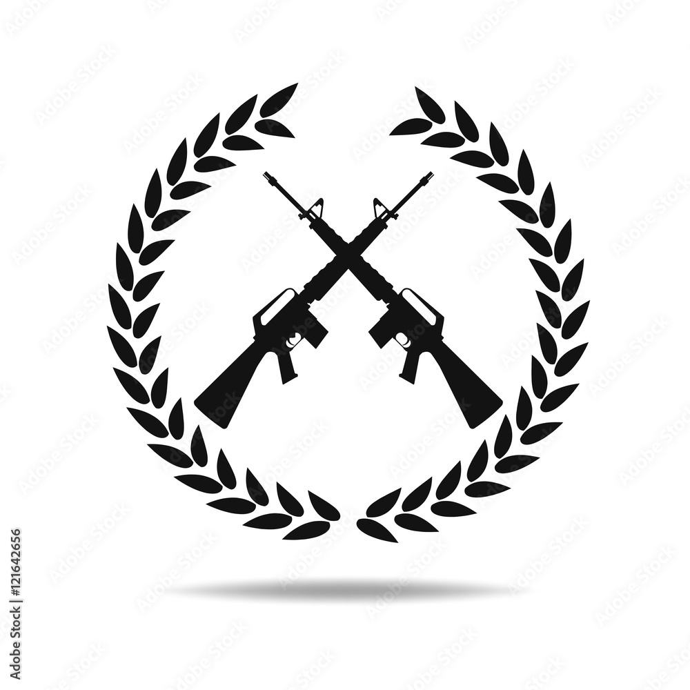 M16 on Laurel icon .Machine gun black silhouette. Vector illustration ...