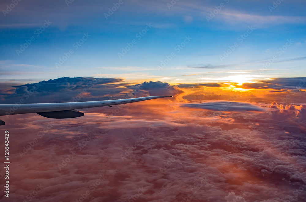 Looking from window to Air plane Wing in Flight , with beautiful ...