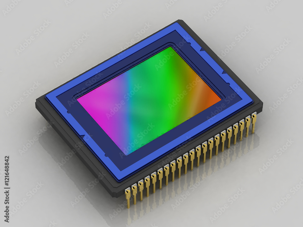 Sensor of modern digital camera. Тop side view, rainbow matrix surface ...