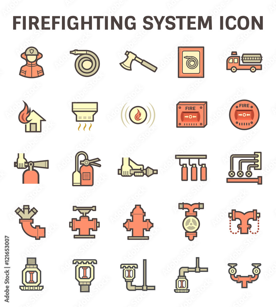 Firefighting system, equipment vector icon i.e. alarm, sprinkler, hose ...