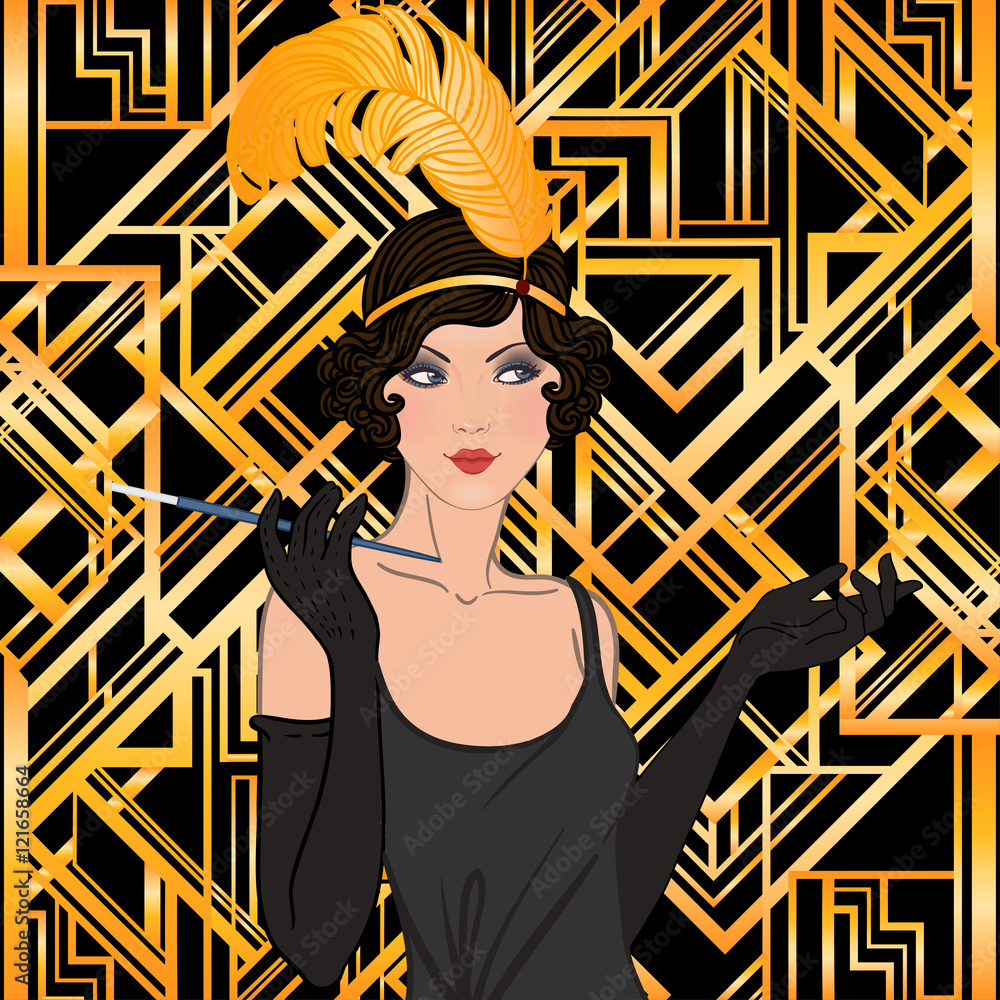 Flapper girl: Retro party invitation design template. Vector ill Stock ...