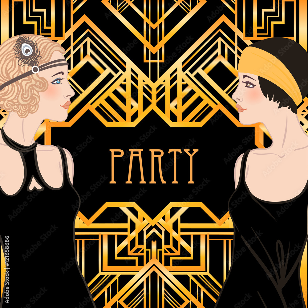 Flapper girl: Retro party invitation design template. Vector ill Stock ...