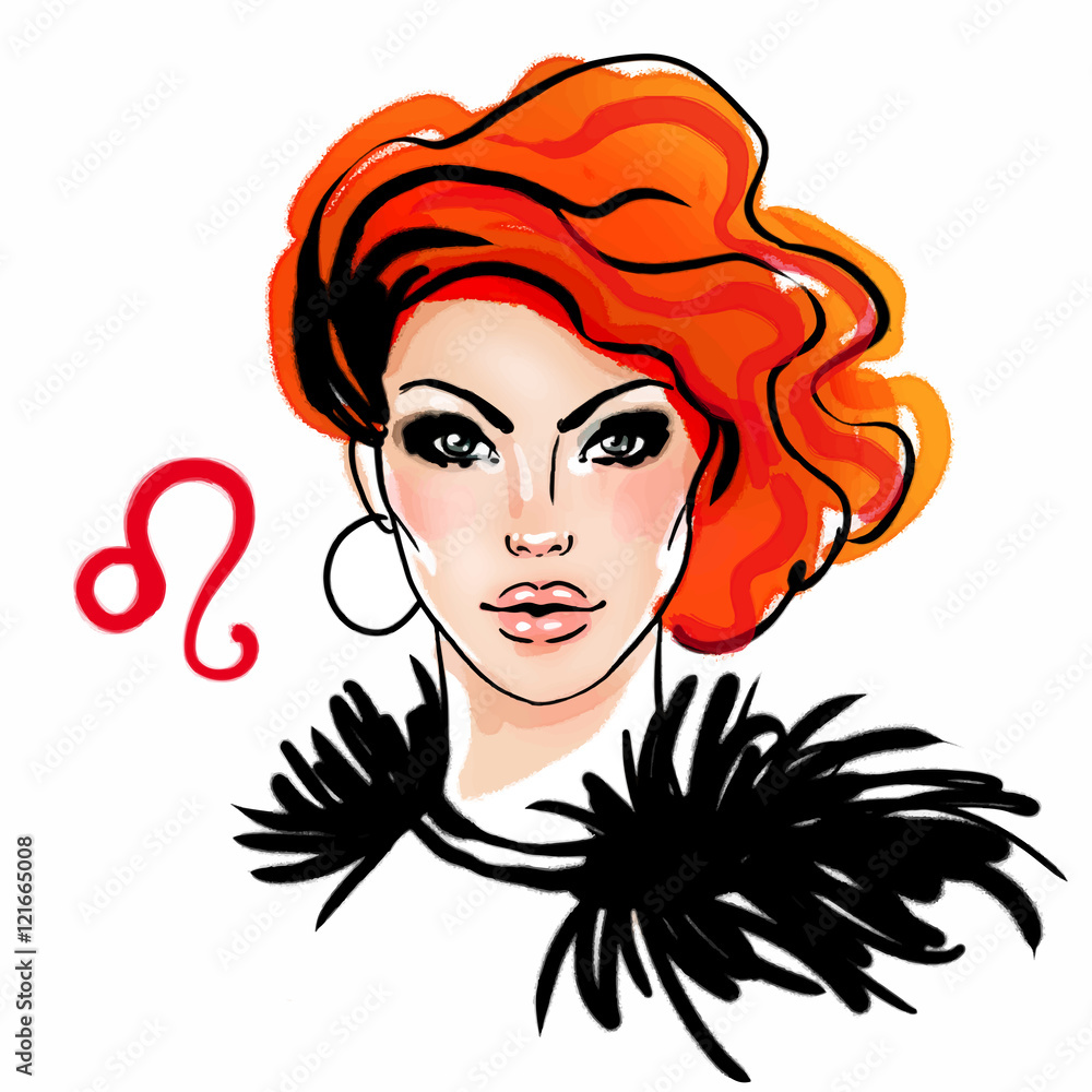 Zodiac girls: Leo zodiac sign as a beautiful girl. Ink and watercolor ...