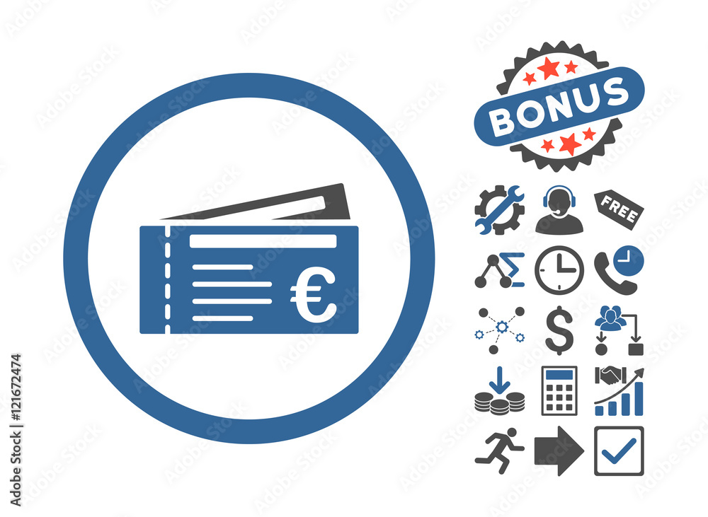 Euro Tickets icon with bonus symbols. Vector illustration style is flat ...
