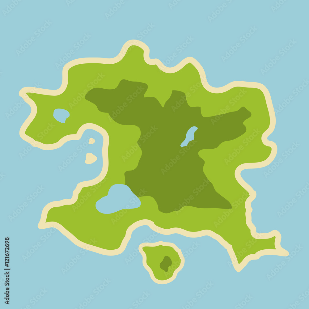 Flat Illustration Of Fantasy Map Of Fictional Island In The Middle Of Sea Or Ocean With Beach