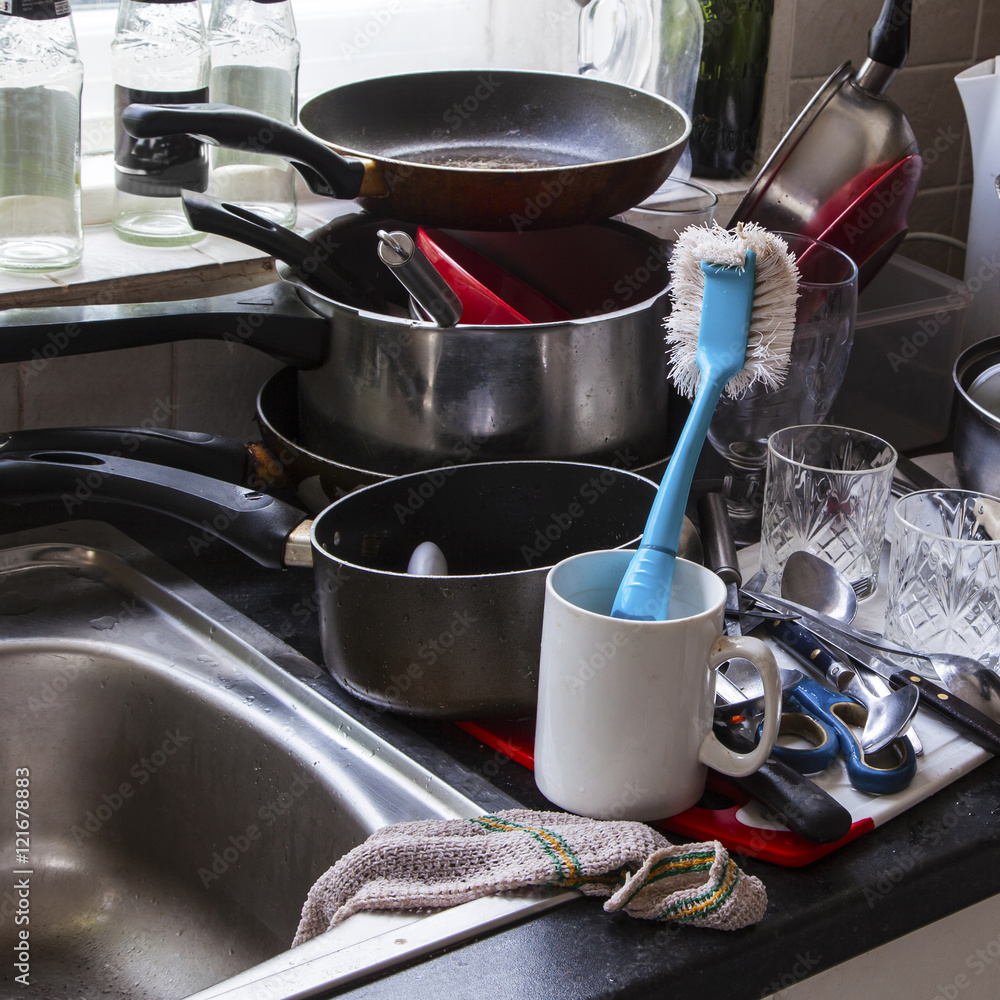 Washing up chores & dirty pots on the kitchen sink. Stock Photo | Adobe ...
