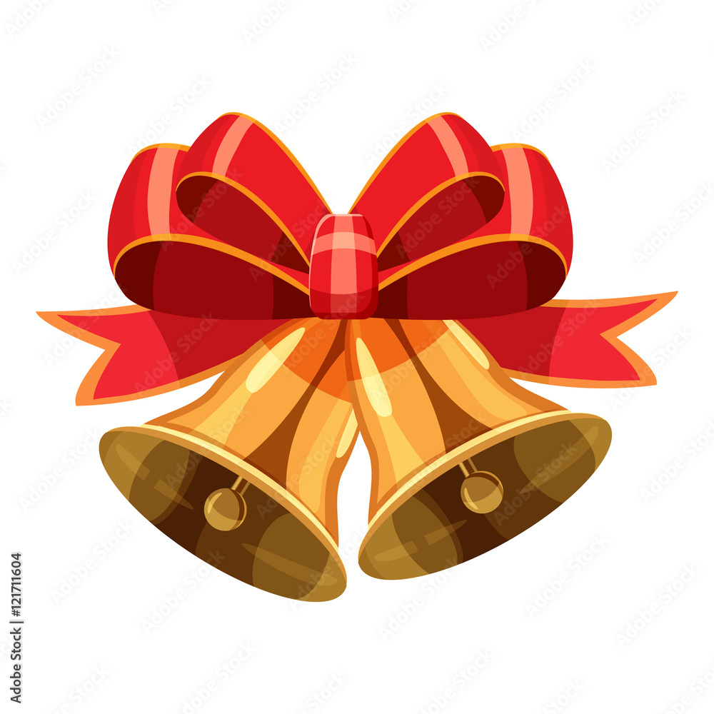 Golden Christmas bells with red bow icon in cartoon style isolated on ...