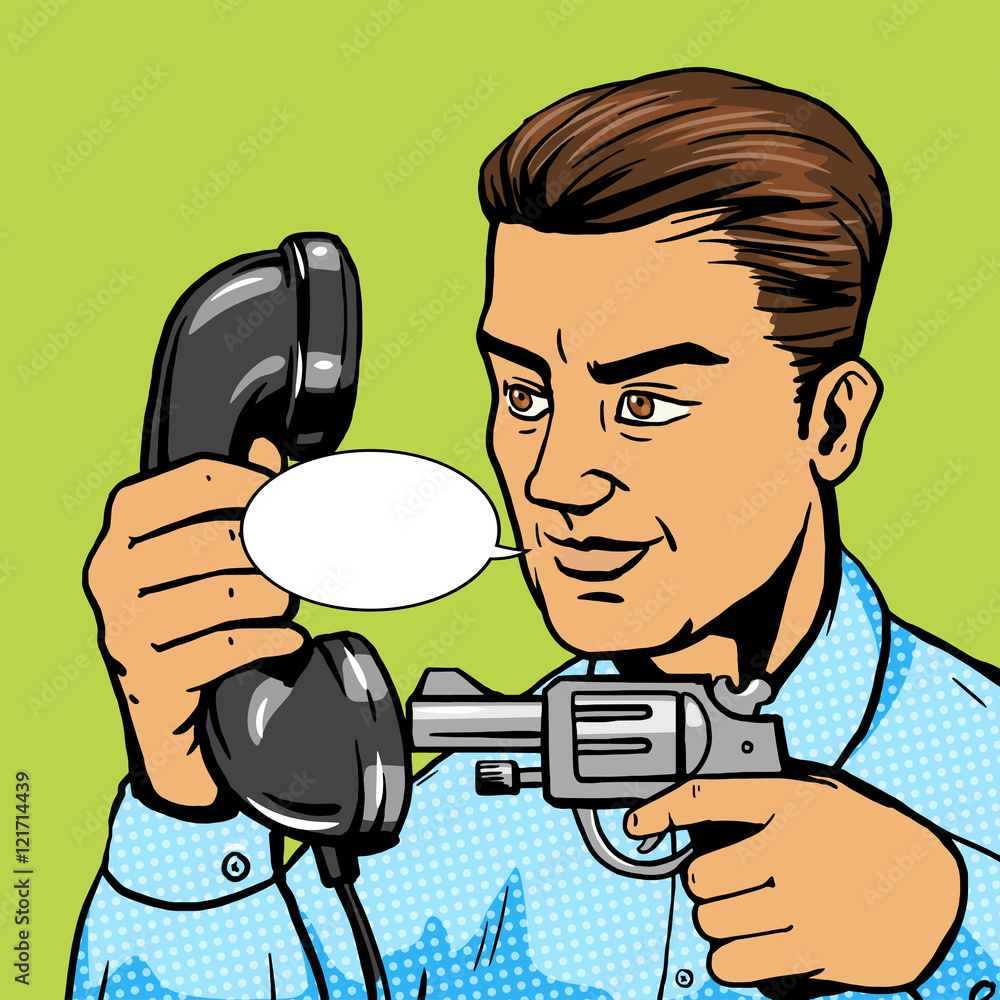 Man aim gun to handset pop art vector illustration Stock Vector | Adobe ...