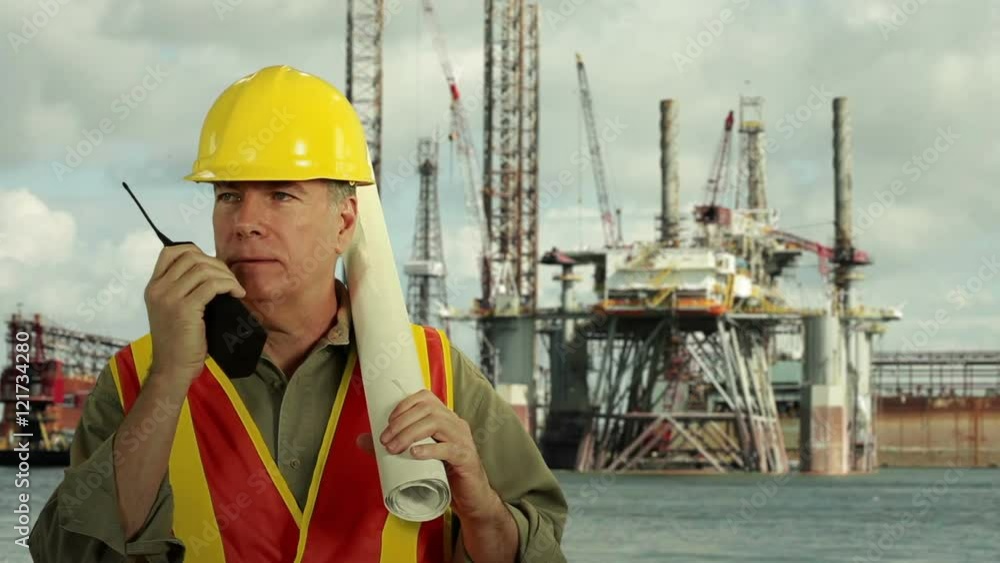 Drilling platforms are background for man in hardhat and safety vest ...