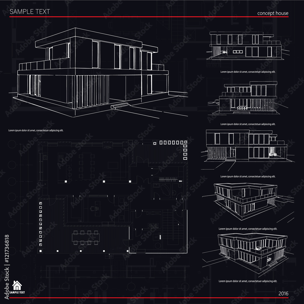 Wireframe blueprint drawing of 3D building, house. Vector architectural ...