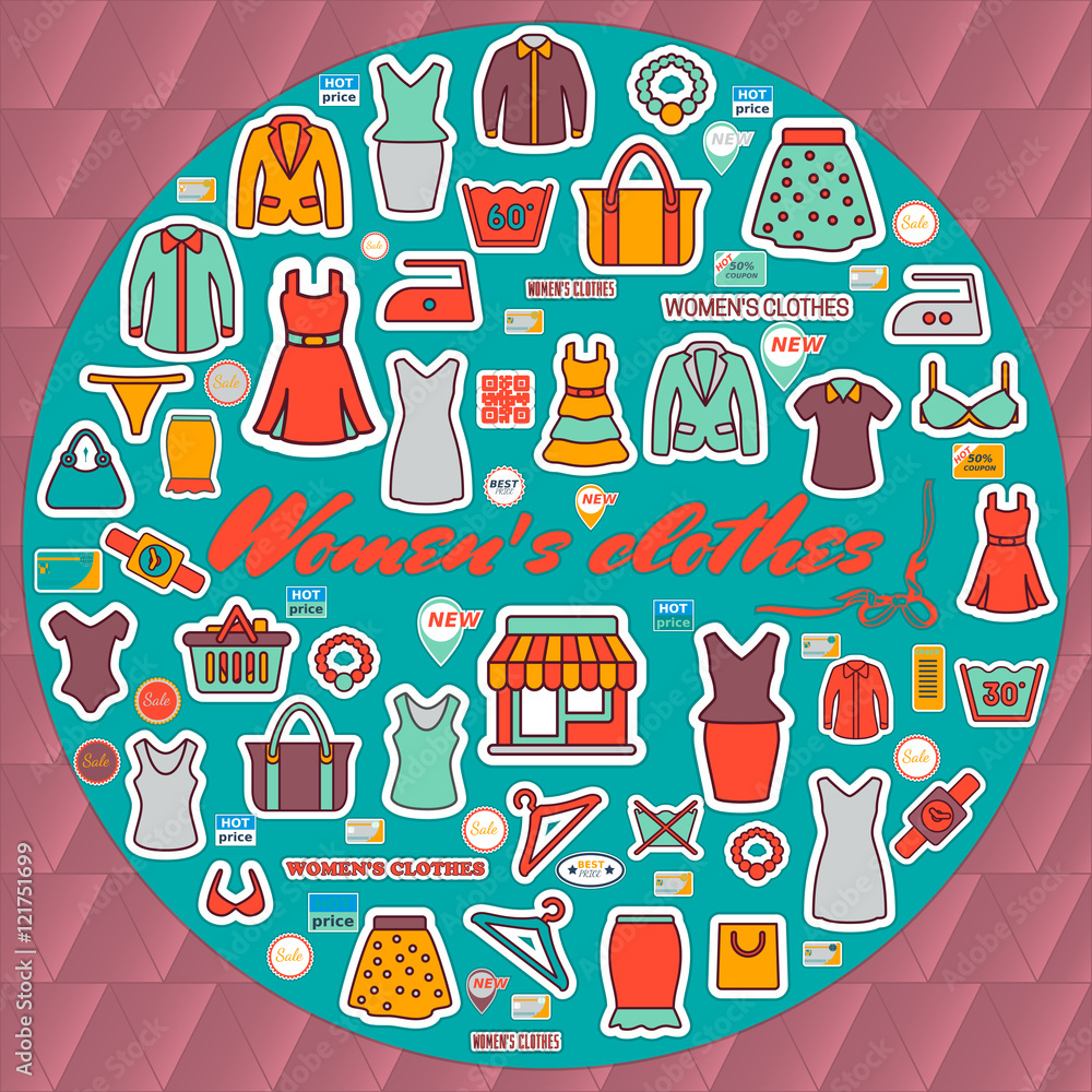 Fashion styles collection banners set, Many object purchased in the shop. Shopping circle ...