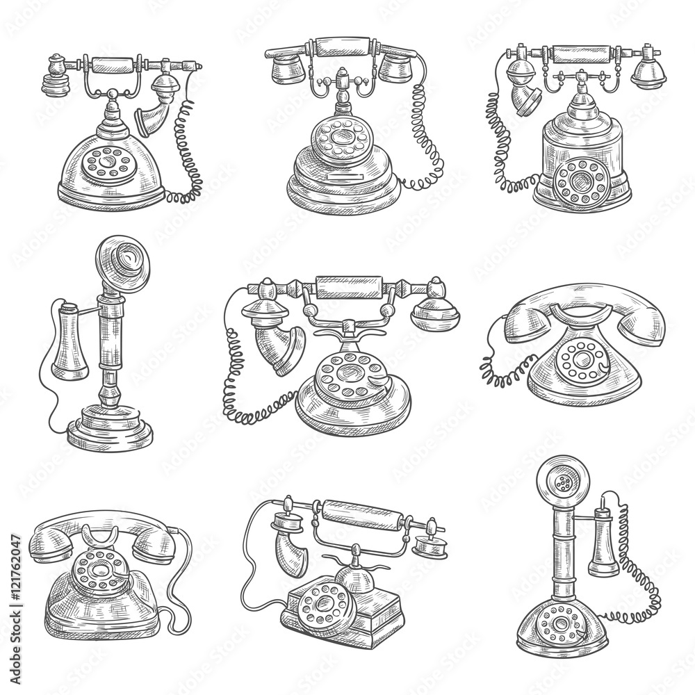 Old retro retro phones pencil sketch icons Stock Vector | Adobe Stock