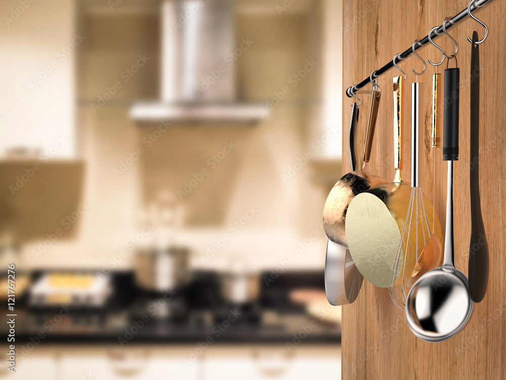kitchen rack hanging with kitchen background Stock Photo | Adobe Stock