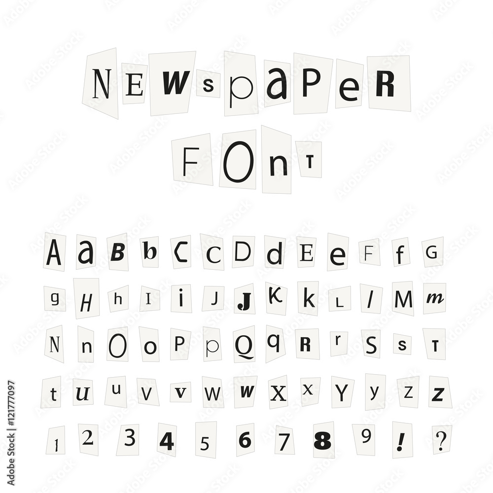 Black newspaper letters font, latin alphabet signs isolated on white ...