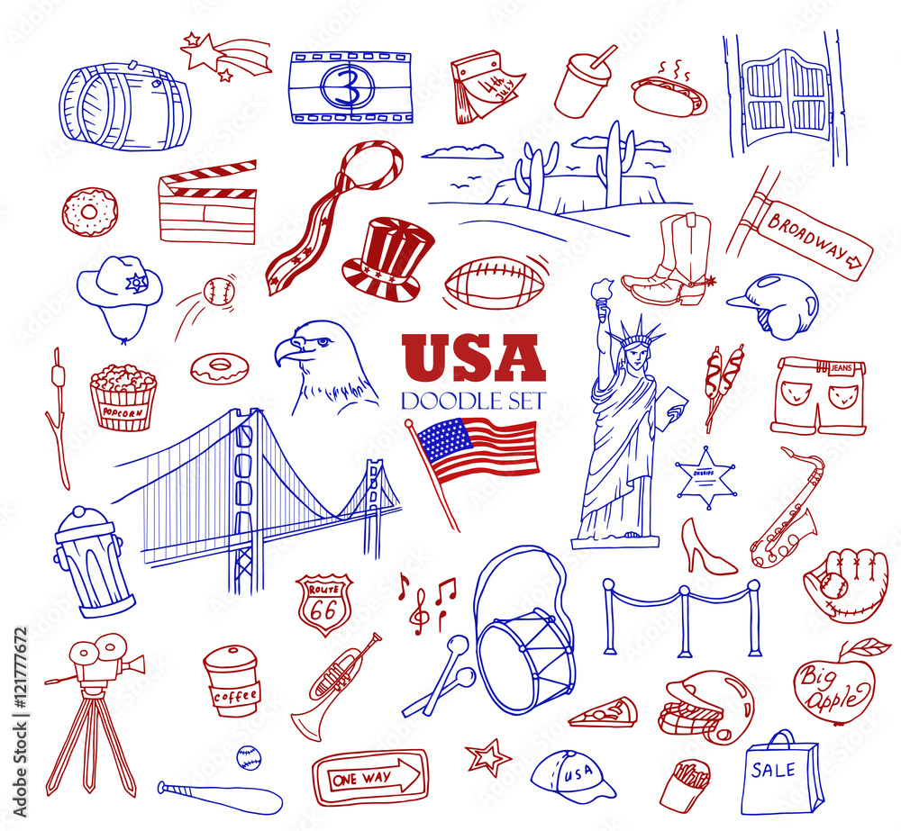 Hand-drawn doodle collection of the different American objects ...