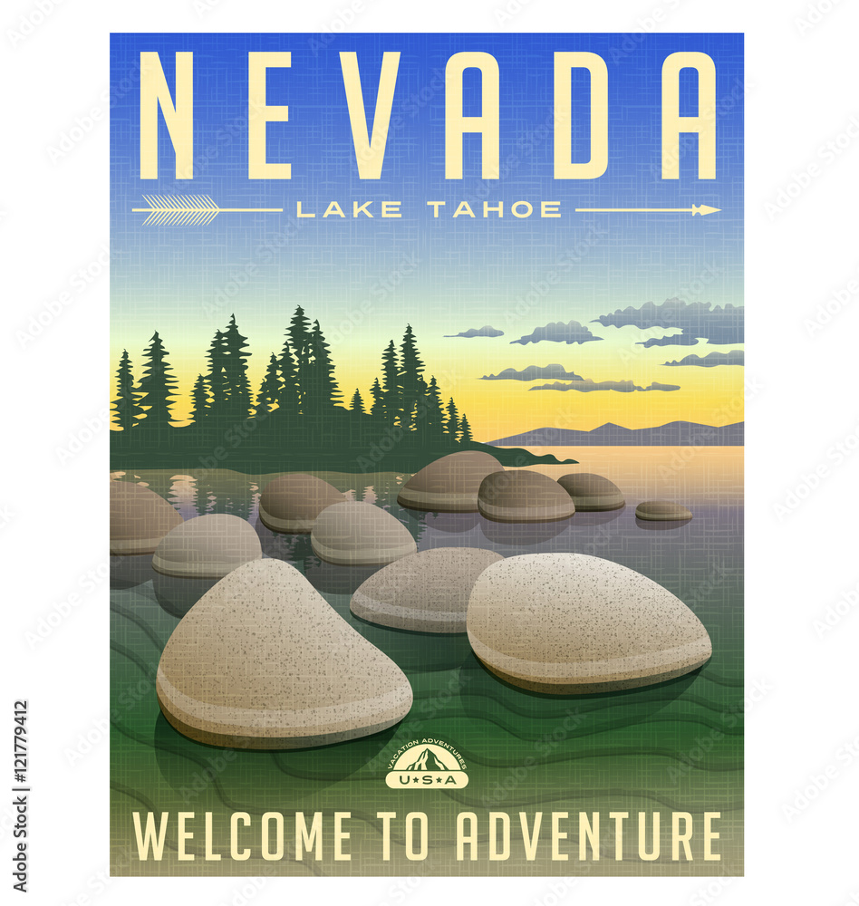 Nevada, Lake Tahoe United States retro travel poster or luggage sticker ...