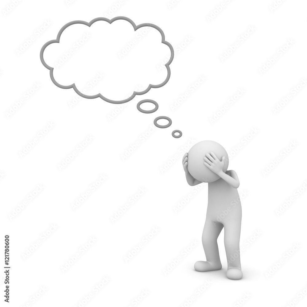 3d man standing and thinking with blank thought bubbles above his head ...