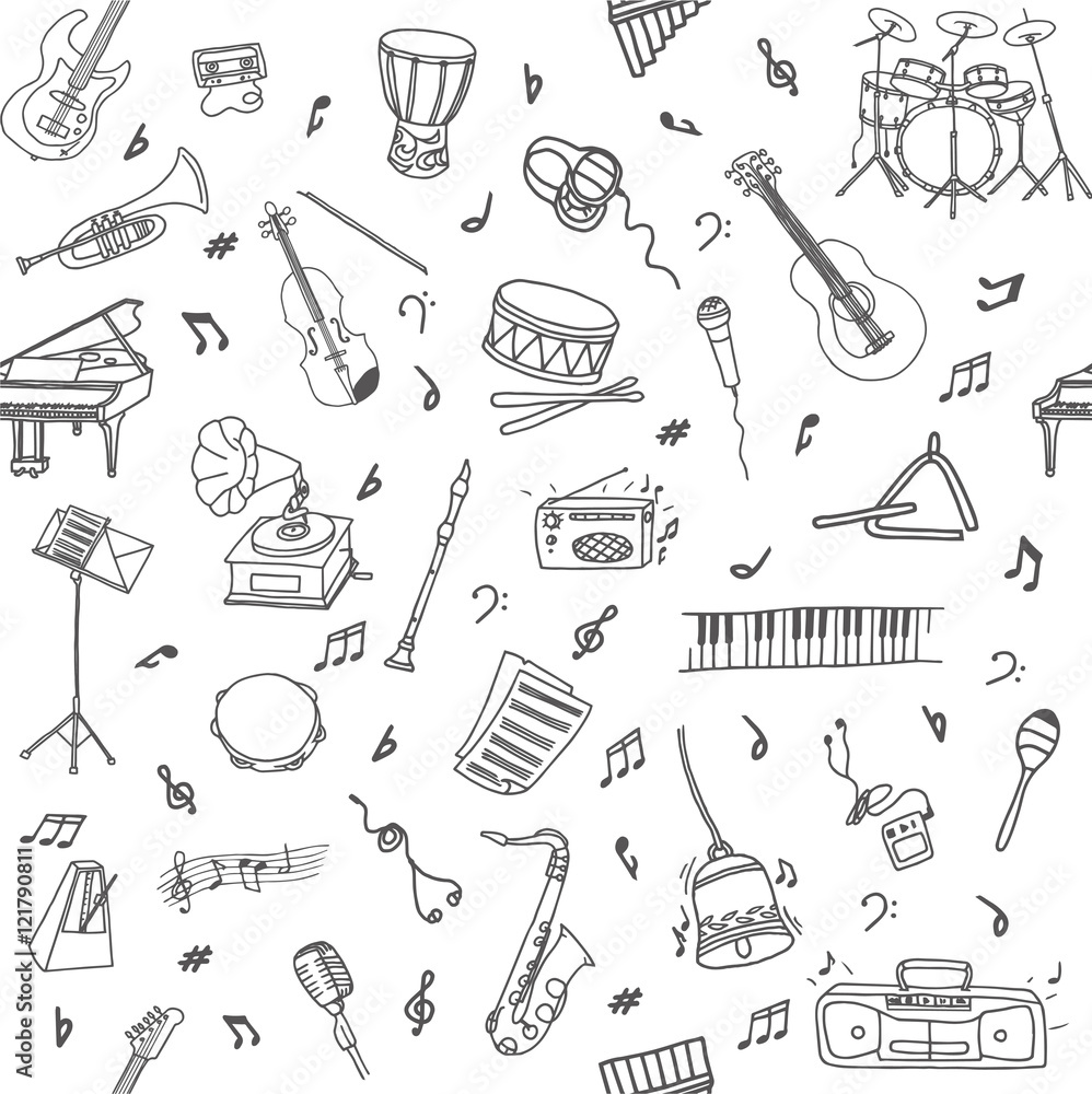 Hand-drawn doodle seamless pattern with different musical instruments ...