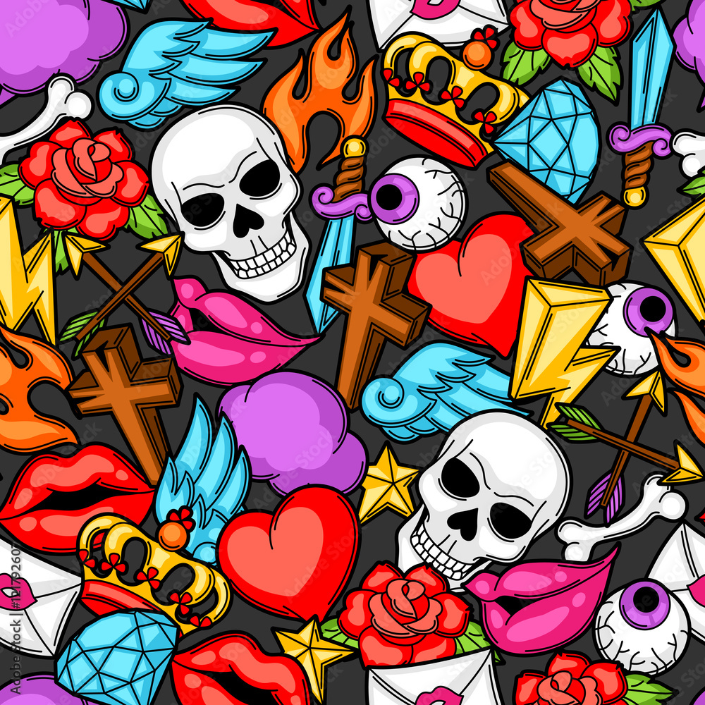 Seamless pattern with retro tattoo symbols. Cartoon old school ...
