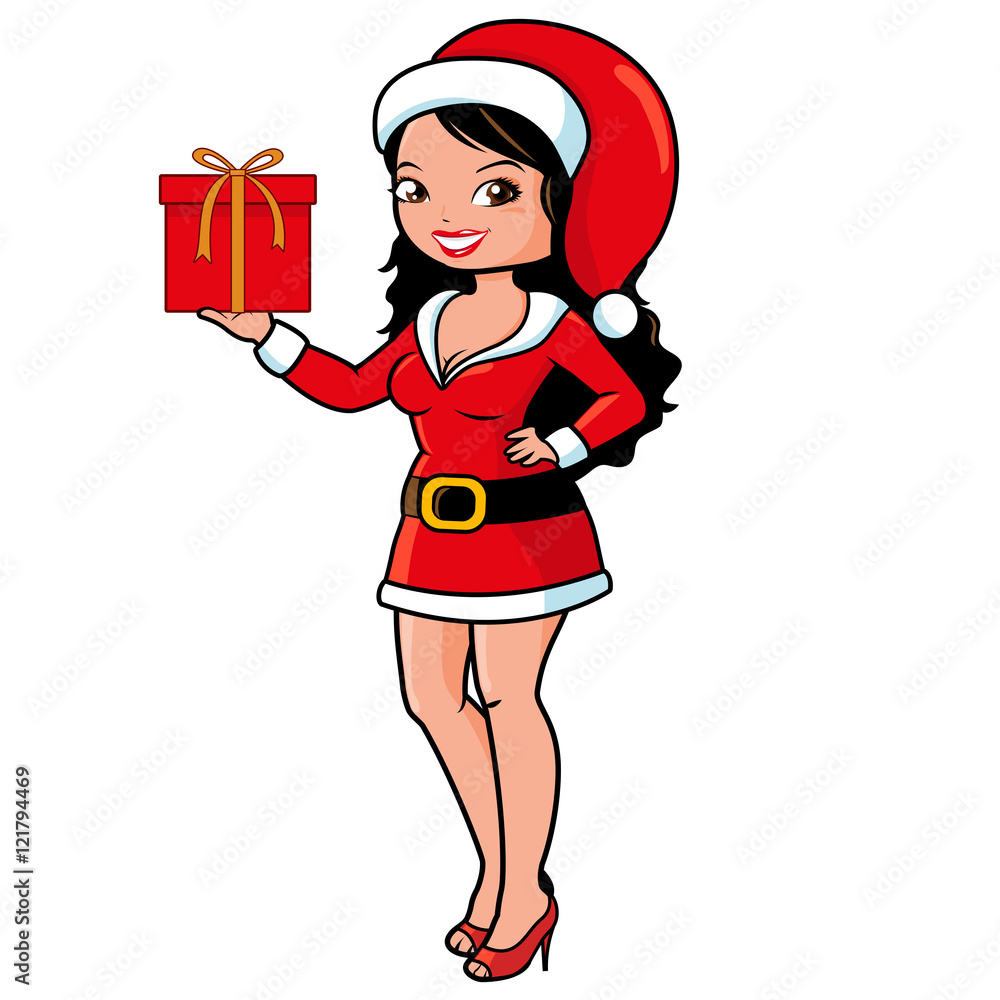 Woman in a Christmas Santa Claus costume holding a box present. Vector ...