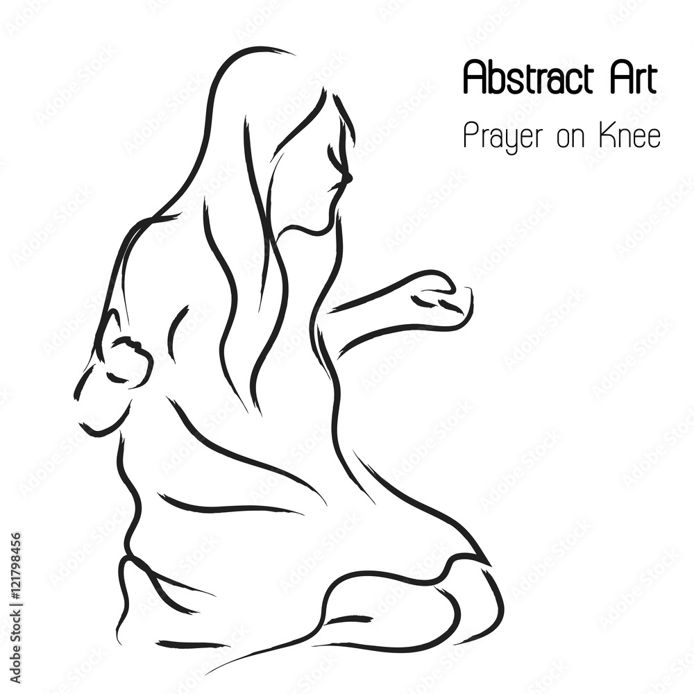Abstract worshiper and prayer woman on knee in line art illustration ...