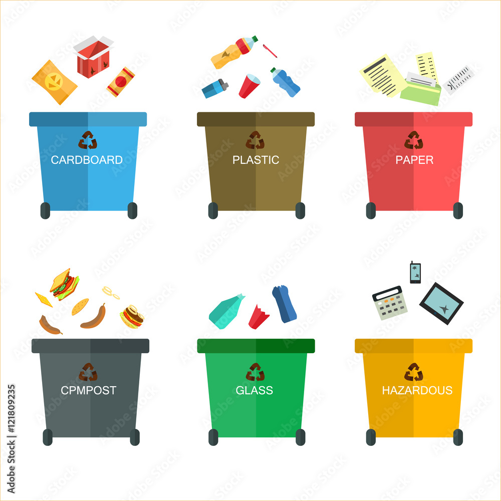 Garbage cans vector flat illustrations. Many with sorted . Sorting . Ecology and recycle concept ...