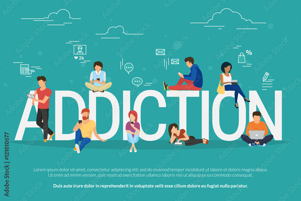 Poster Addiction concept illustration of young people using devices ...
