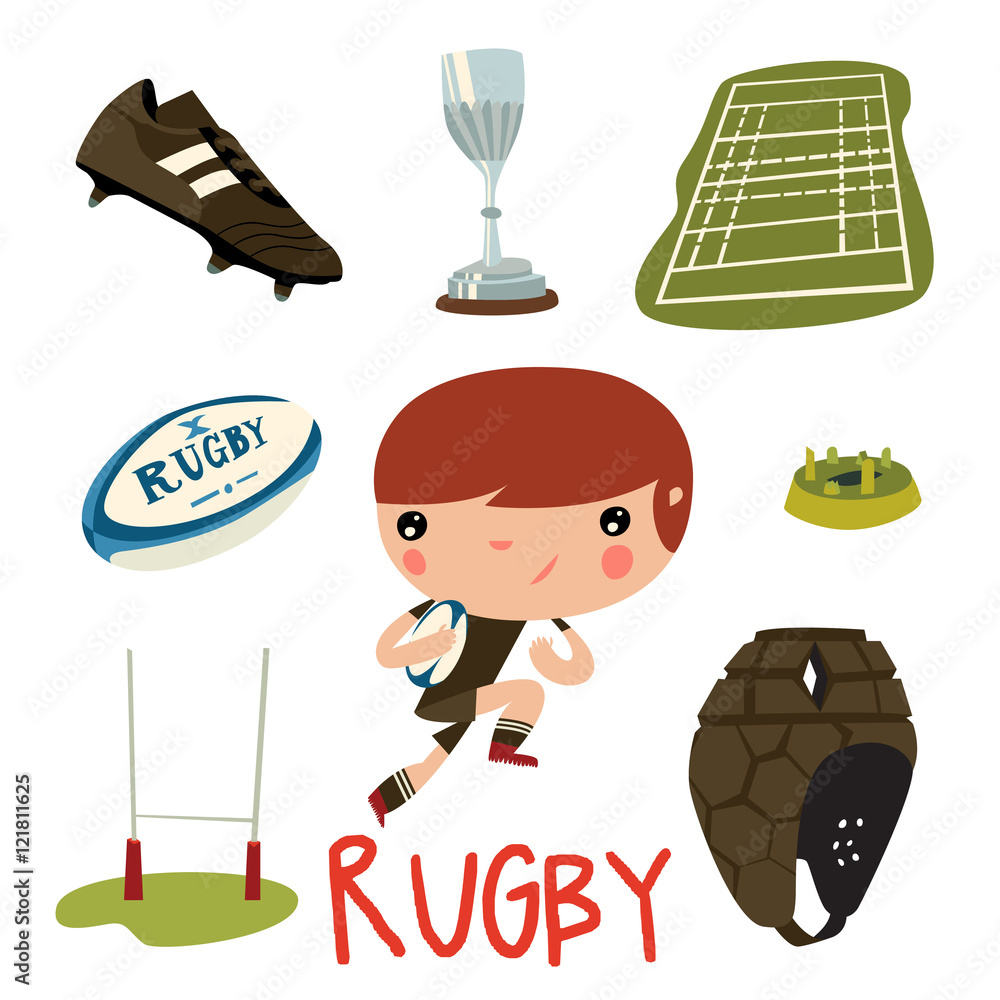 rugby equipment set. rugby cute kid vector character. Stock Vector ...
