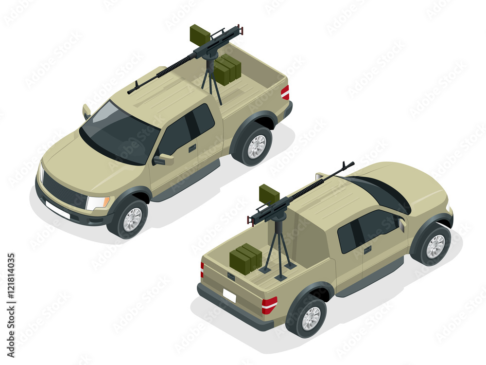 Isometric model of pickup truck armed with machine gun. Spec ops police ...