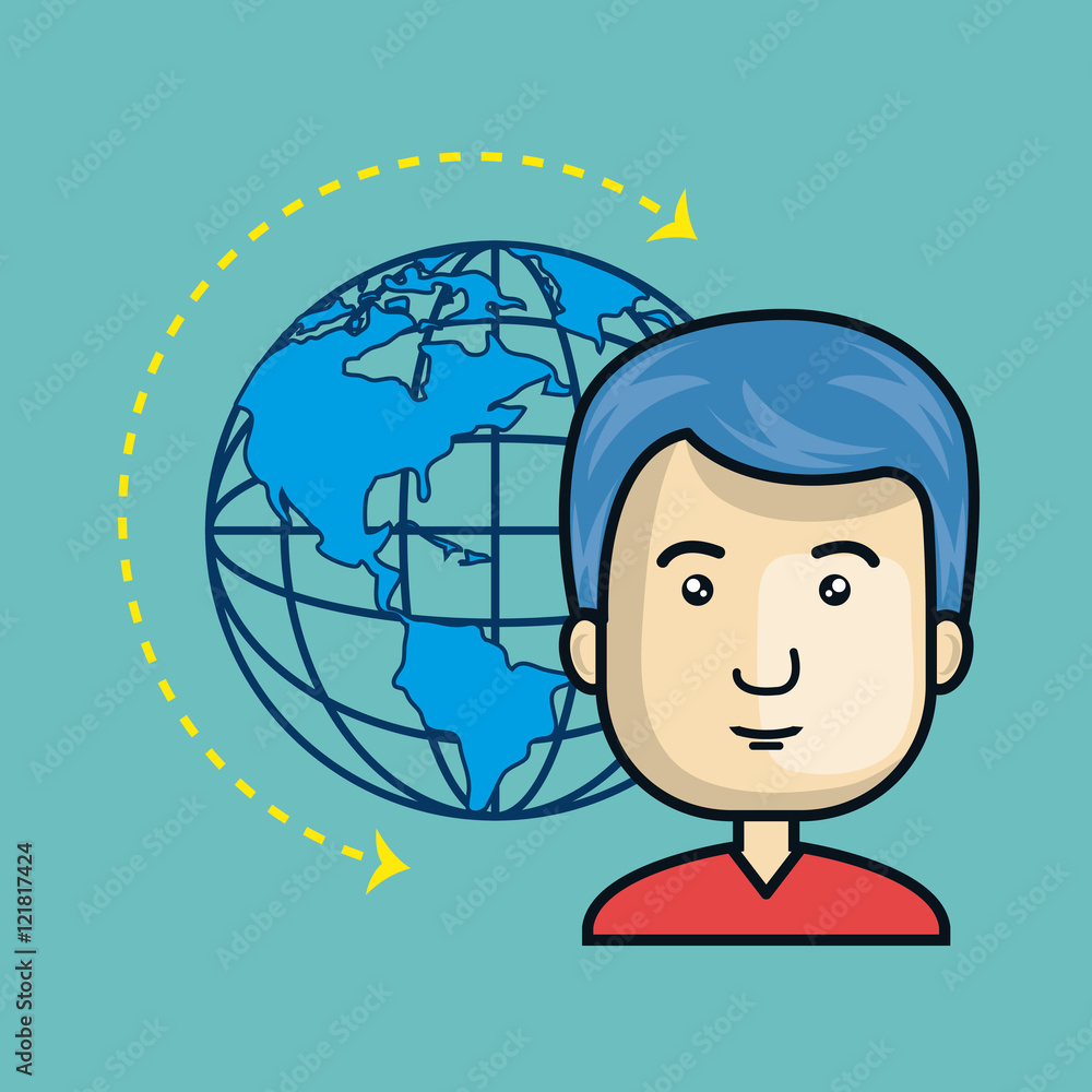 avatar man cartoon with earth planet world sphere. global network ...