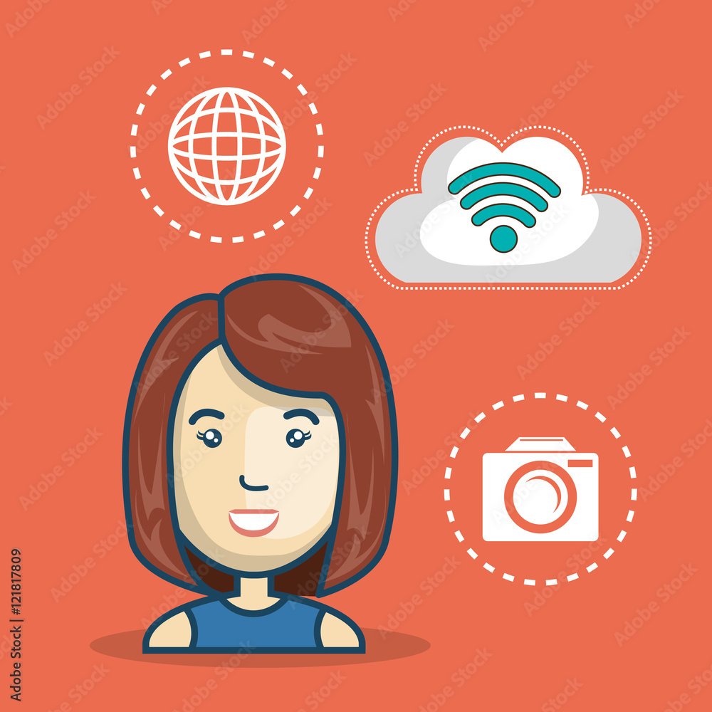 avatar woman cartoon with wireless signal symbol and social media icon ...