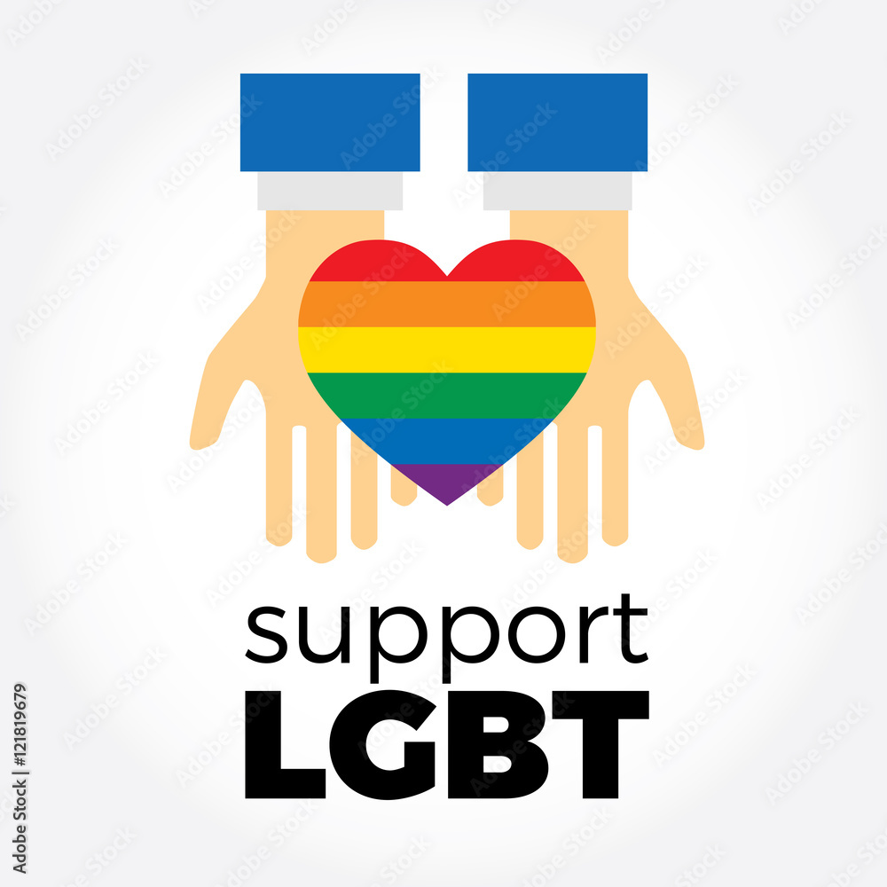 Hands taking heart. LGBT support symbol with lettering in rainbow ...