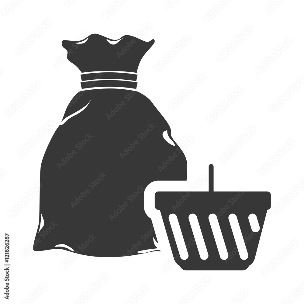 money sack symbol and shopping basket icon silhouette. vector ...