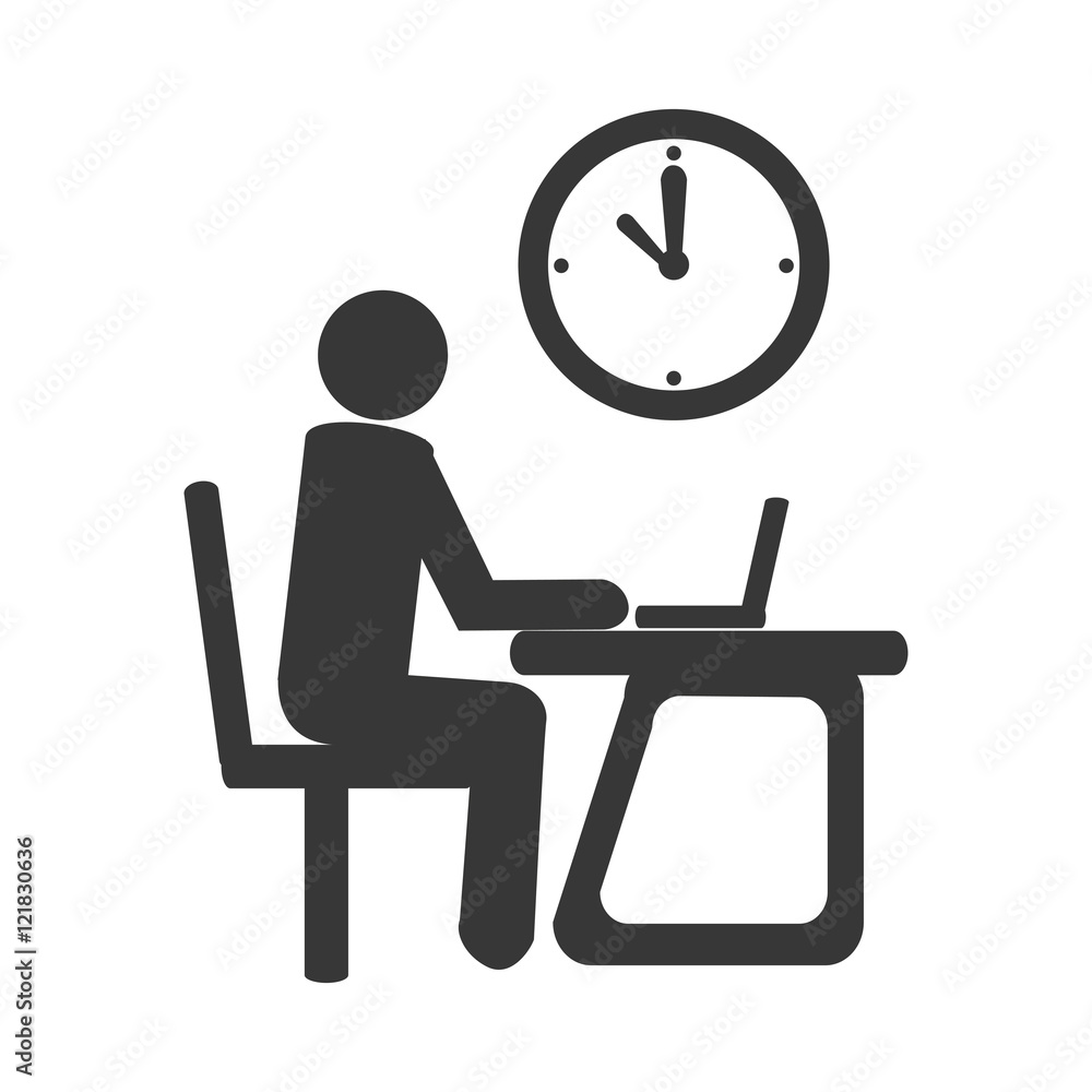 avatar man working on desk with time clock icon silhouette. vector ...