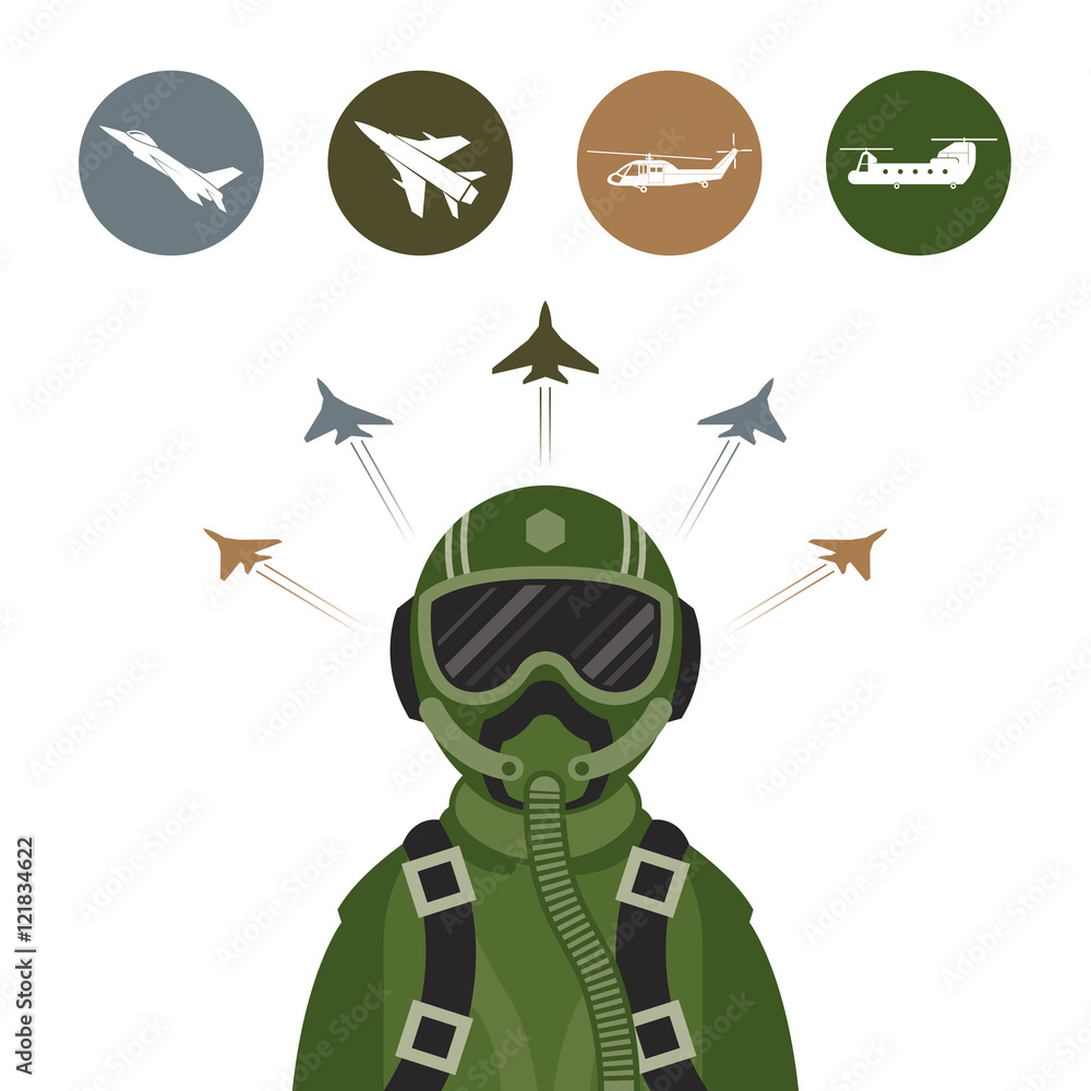 Military Fighter Jet Pilot with Military Aircraft Icons and Symbols ...