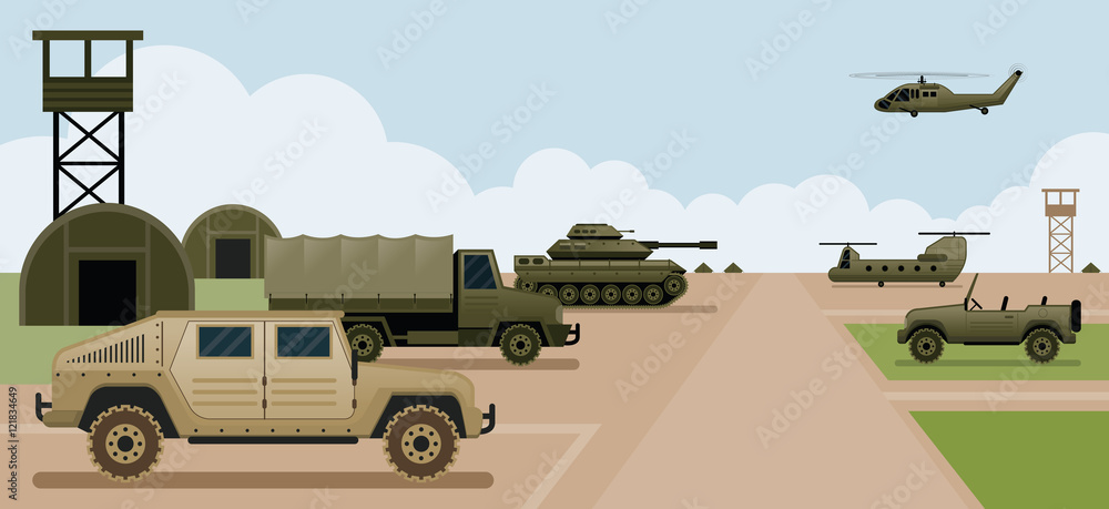 Military Base Camp, Side View with Army and Air Force Vehicles Stock ...