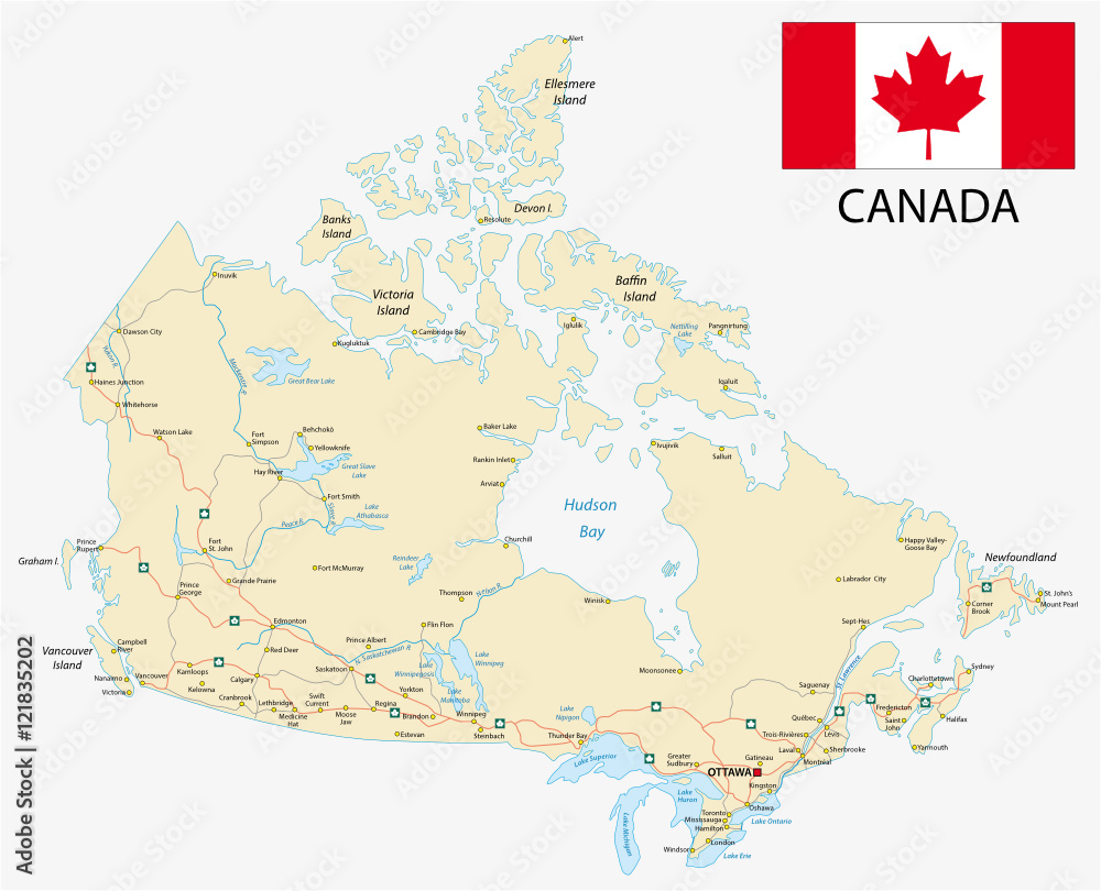 canada road vector map with flag Stock Vector | Adobe Stock