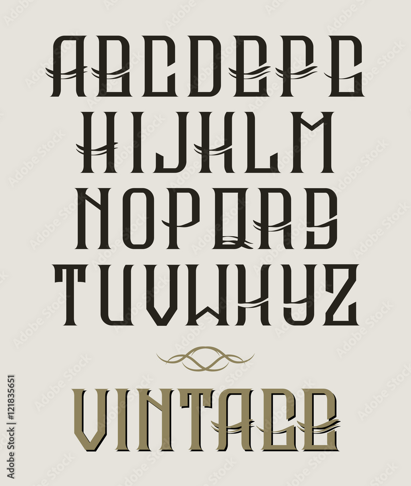 Hand drawn vector vintage typeface. Old style font on bright background ...