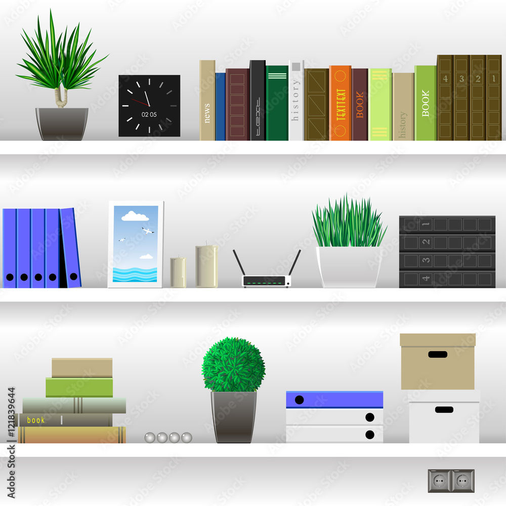 White office shelves or living room with books and office documents ...