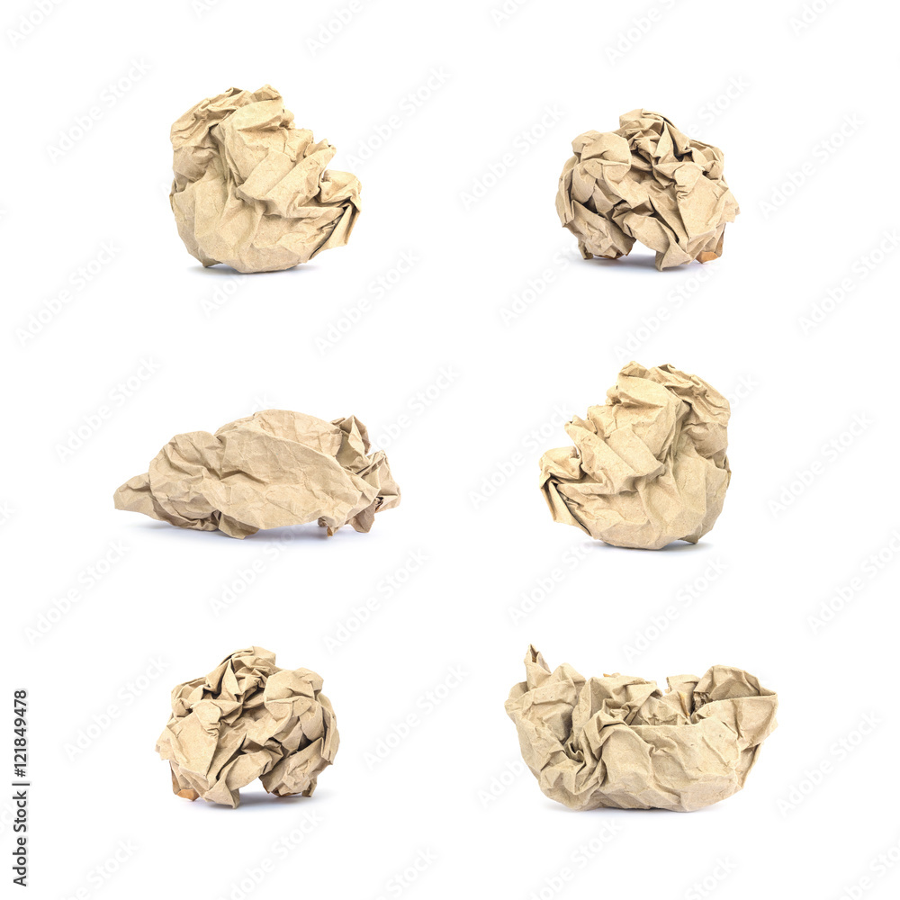 Closeup group of brown crumpled paper isolated on white background ...