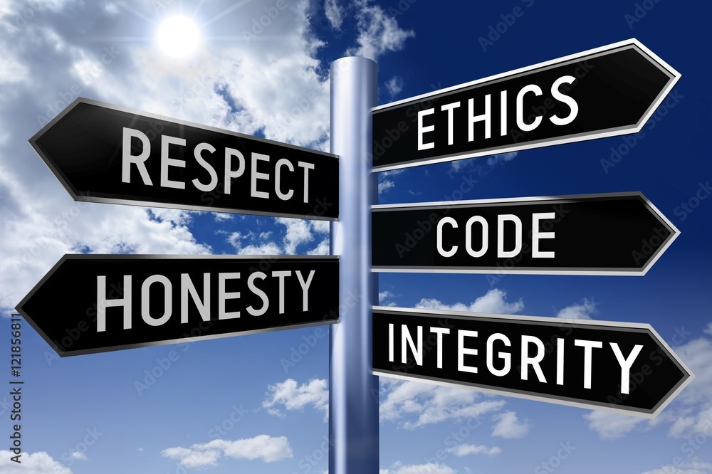 Signpost with 5 arrows - code of conduct concept (ethics, respect, code ...