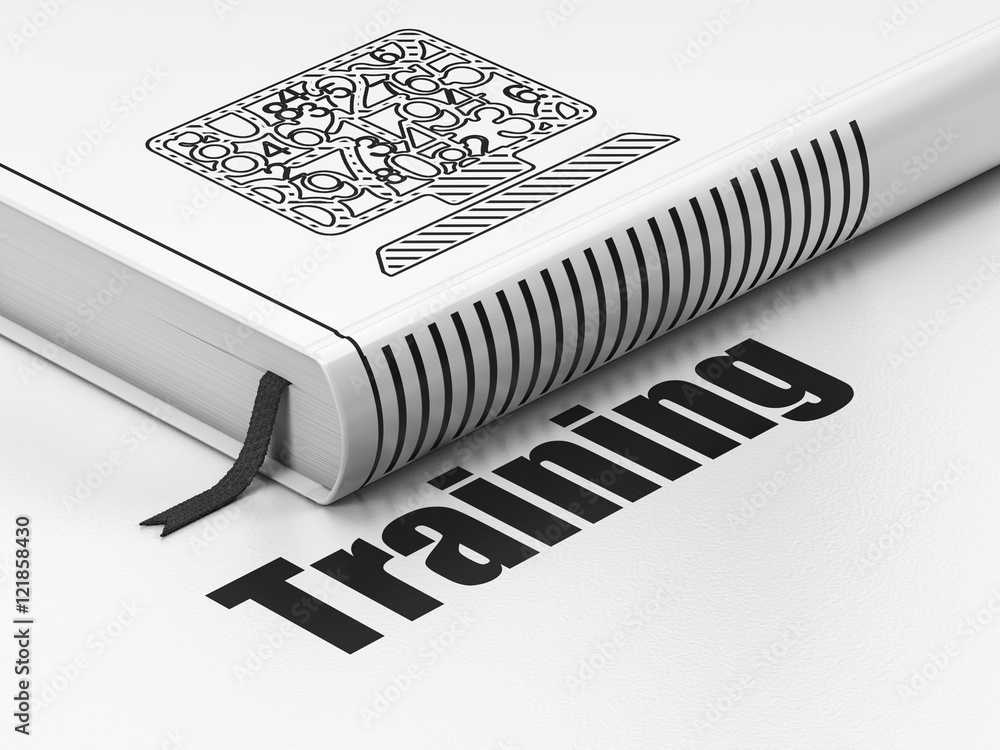 Learning concept: book Computer Pc, Training on white background Stock ...
