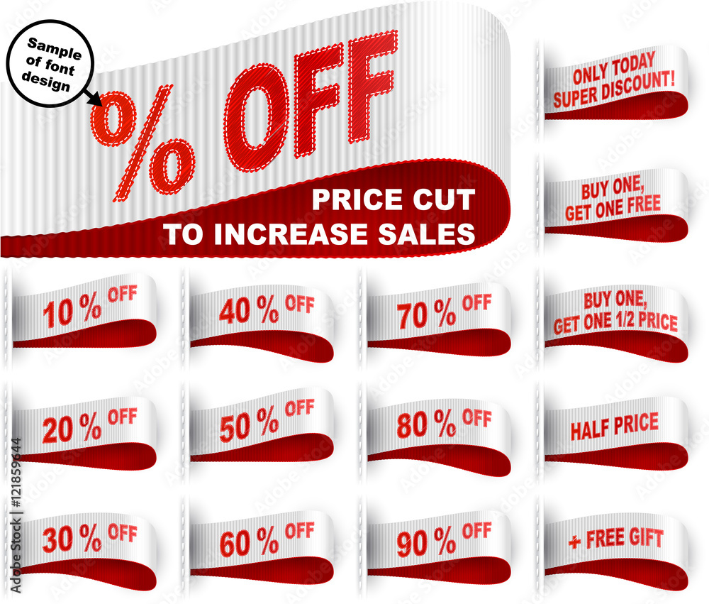 Clothes labels with percentage of price cuts and marketing phrases ...