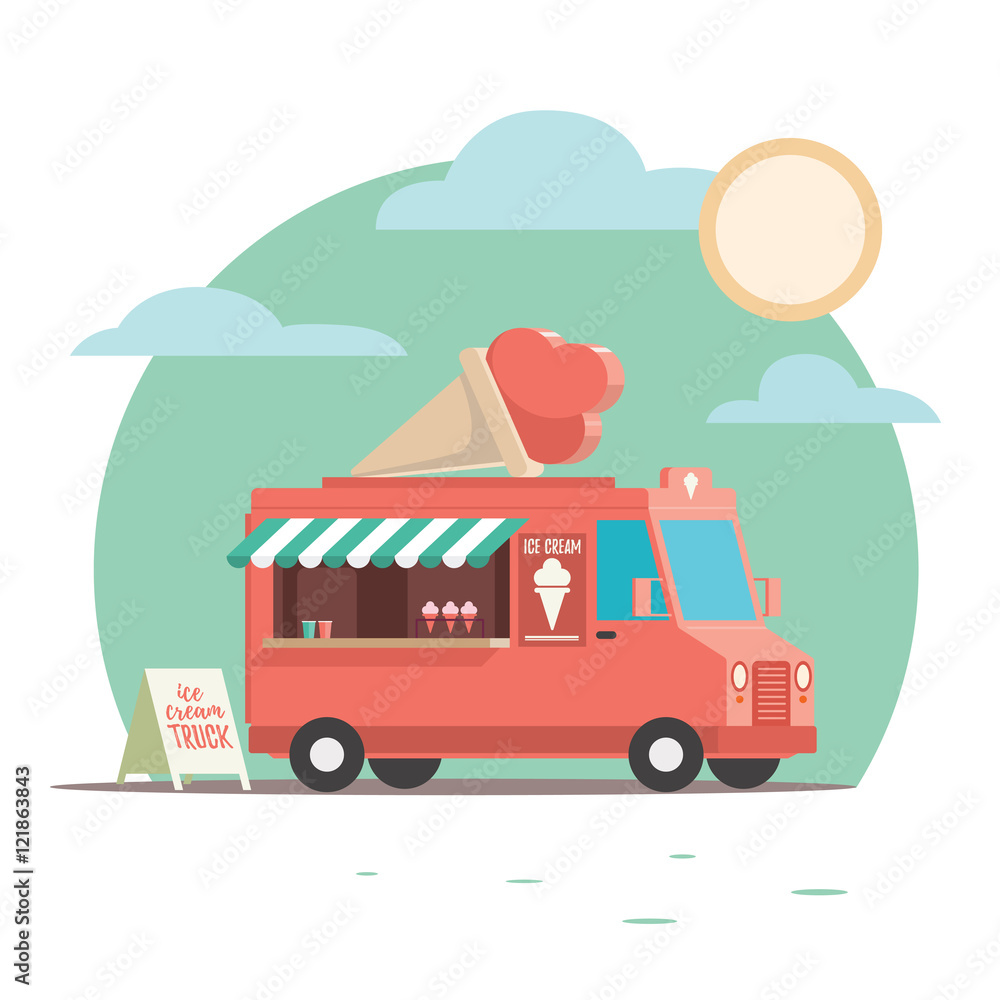 Colorful and Playful Ice Cream Truck with Ice Cream, cone on top. Stock ...