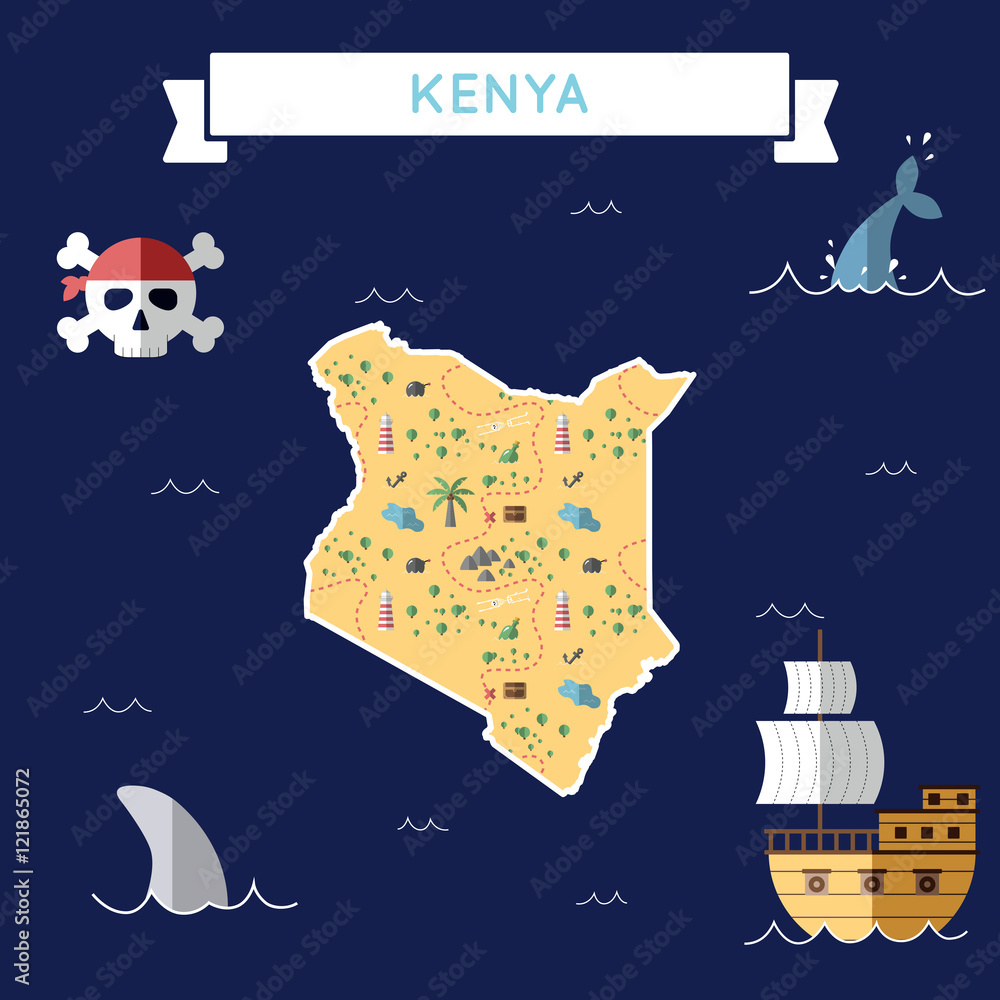 Flat treasure map of Kenya. Colorful cartoon with icons of ship, jolly ...