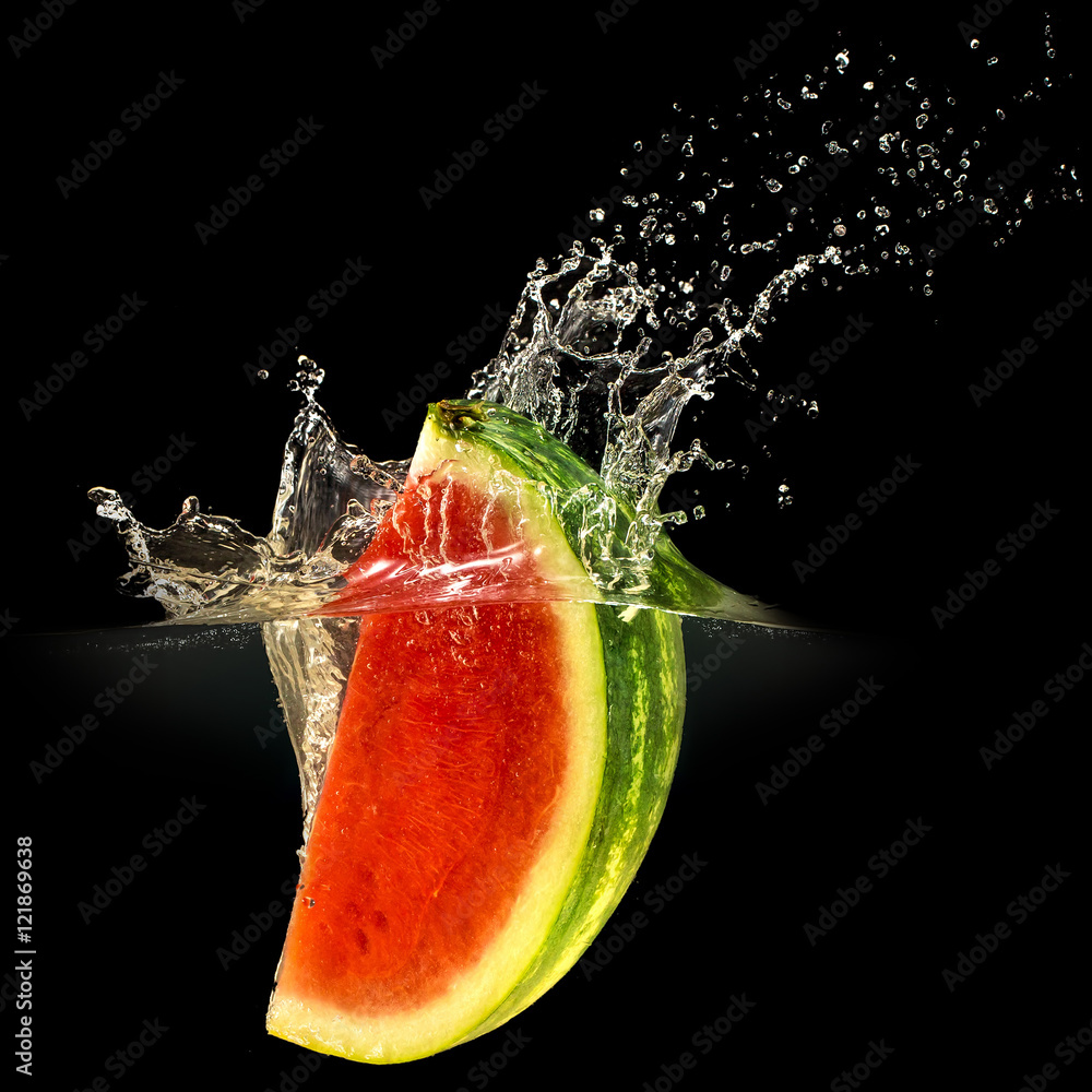 Fresh melon falling in water with splash on black background Stock ...
