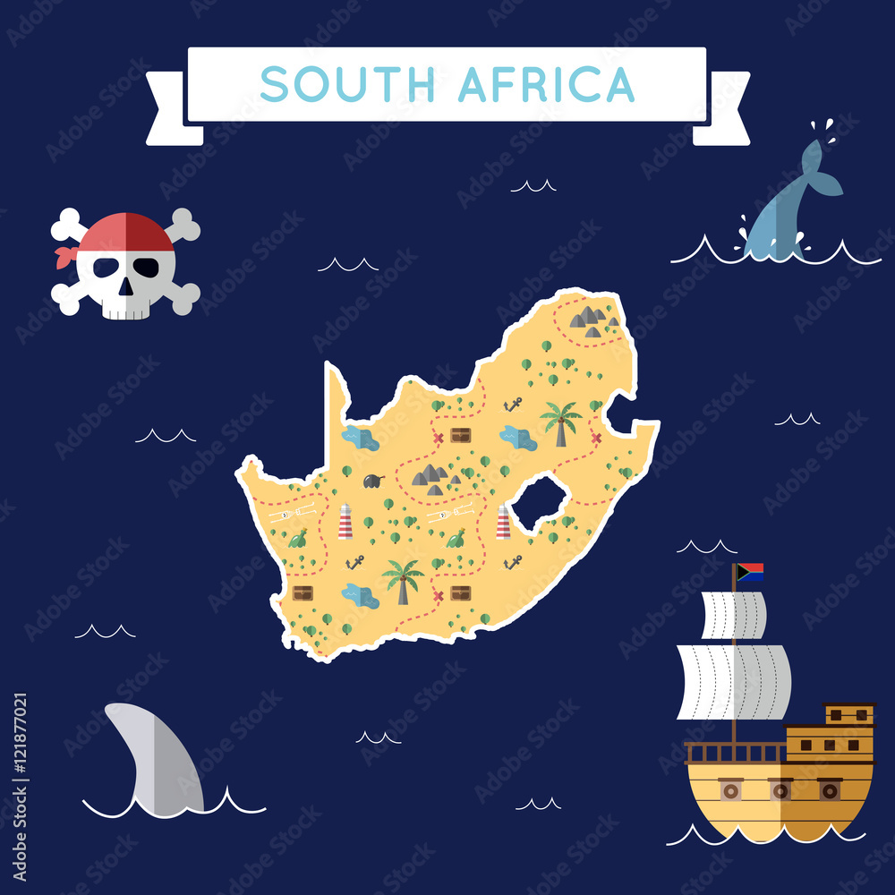 Flat treasure map of South Africa. Colorful cartoon with icons of ship ...