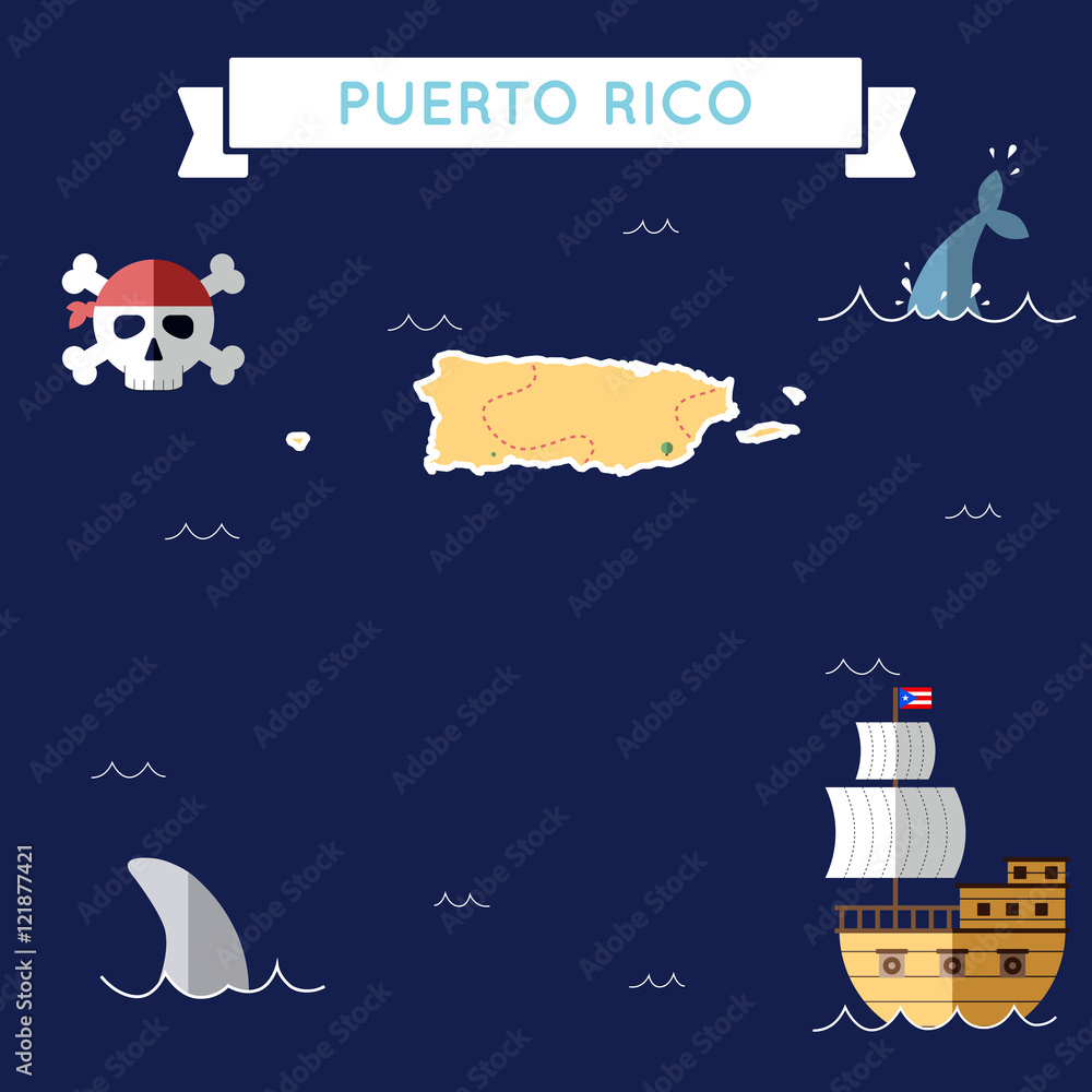 Flat treasure map of Puerto Rico. Colorful cartoon with icons of ship ...